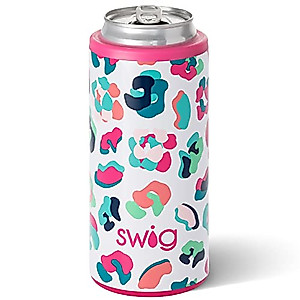 Swig Life Skinny Can Cooler, Stainless Steel, Dishwasher Safe, Triple Insulated Slim Can Sleeve for 12oz Tall Skinny Can Beverages in Party Animal Print