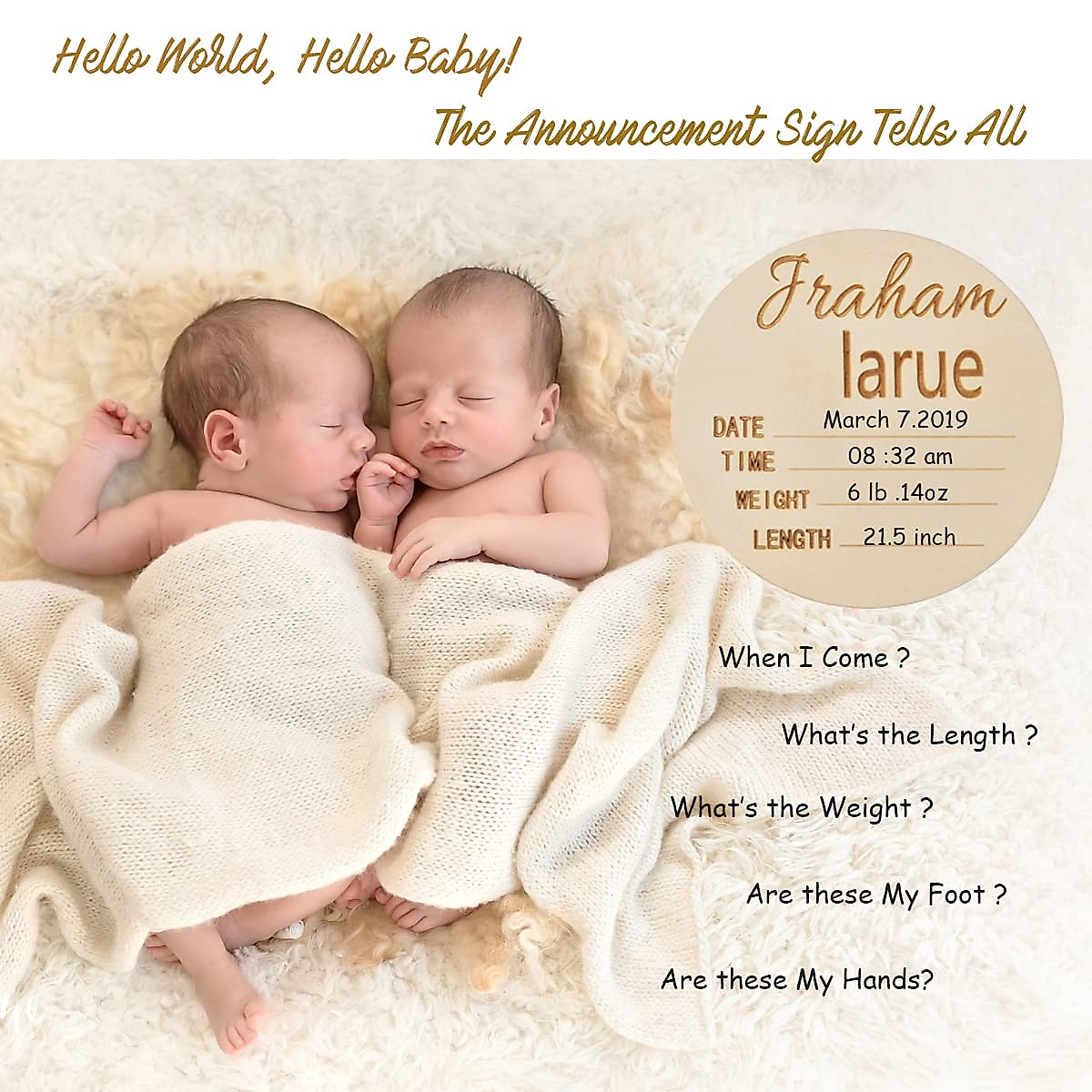 Newborn Announcement Sign Wooden for Baby Name and Birth Details for Hospital Custom Photo Baby Announcement Sign Fingerprint Footprints can be Left on The Back （4-6inch）