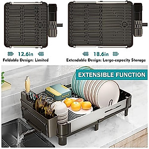 YKLSLH Expandable Dish Drying Rack Dish Racks for Kitchen Counter, Space Saving Dish Rack,12.6"-18.6" Expandable Drying Rack with Drainboard, Utensil Holder - Black