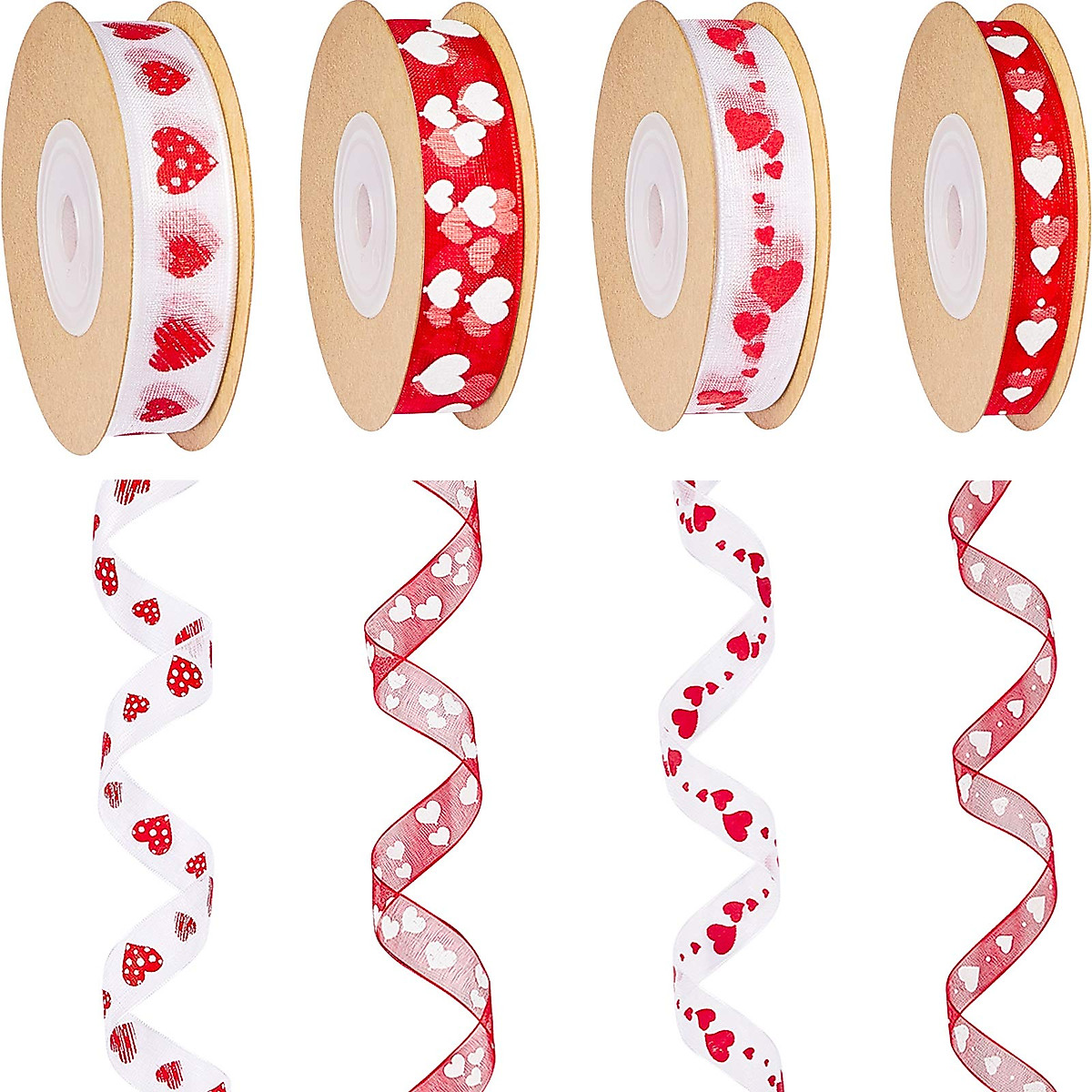 4 Rolls Valentine's Day Ribbon Heart Organza Ribbons Heart Printed Ribbon for Valentine's Day Wedding Decoration DIY Wrapping Crafts Wreath Decor, 44 Yards Total Long
