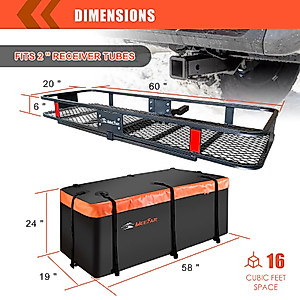 MeeFar Folding Hitch Mount Cargo Carrier Basket 60" X 20" X 6"+Waterproof Cargo Bag 16 Cubic Feet(58" 19" 24"),Hauling Weight Capacity of 500 Lbs and A Folding Arm.with Hitch Stabilizer,Net and Straps