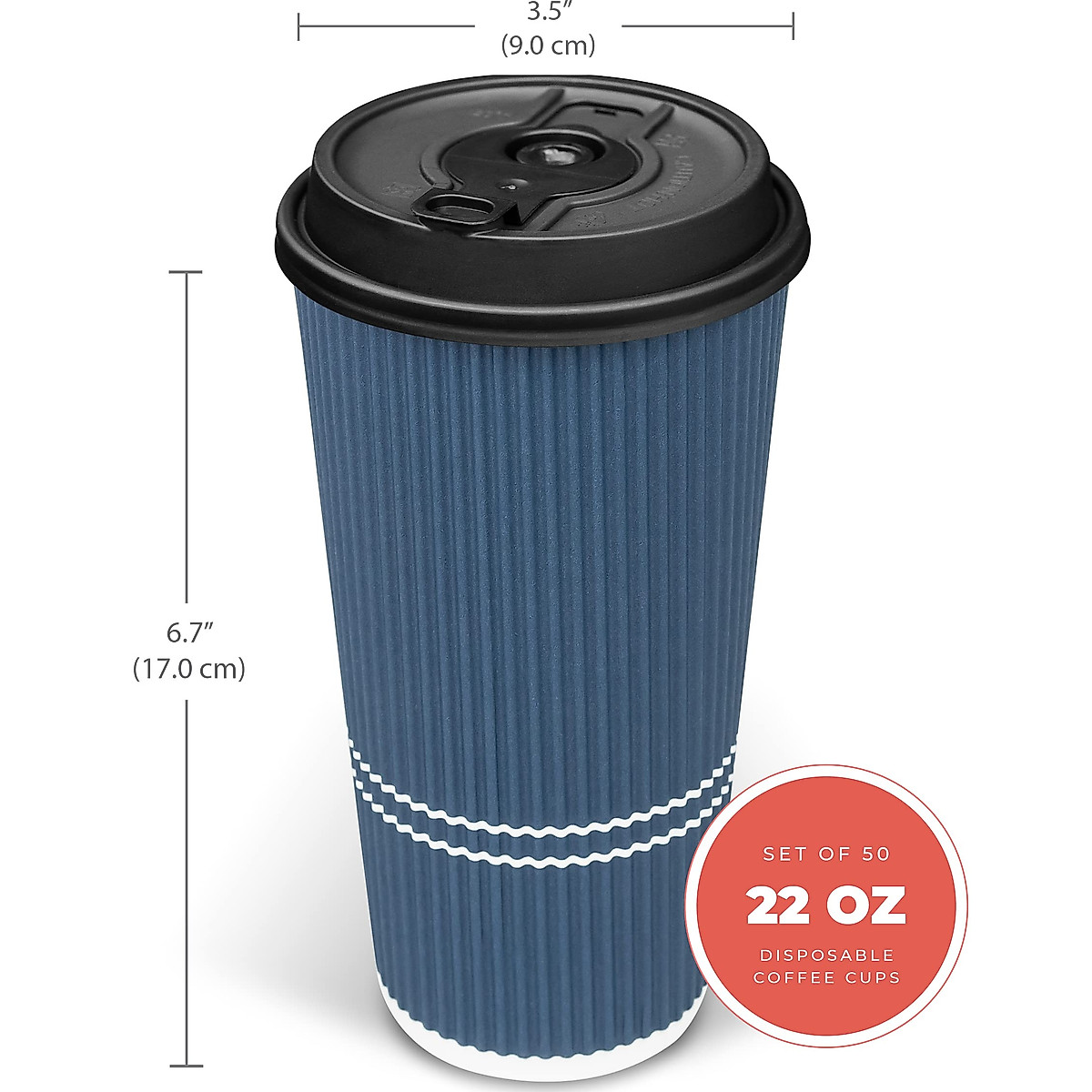 Glowcoast To Go Coffee Cups With Lids - 22 oz Disposable Coffee Cup With Lid (50 Set). Large Togo Travel Paper Ripple Hot Cups Insulated For Hot, Cold Beverage Drinks, No Sleeves Needed (Royal Blue)
