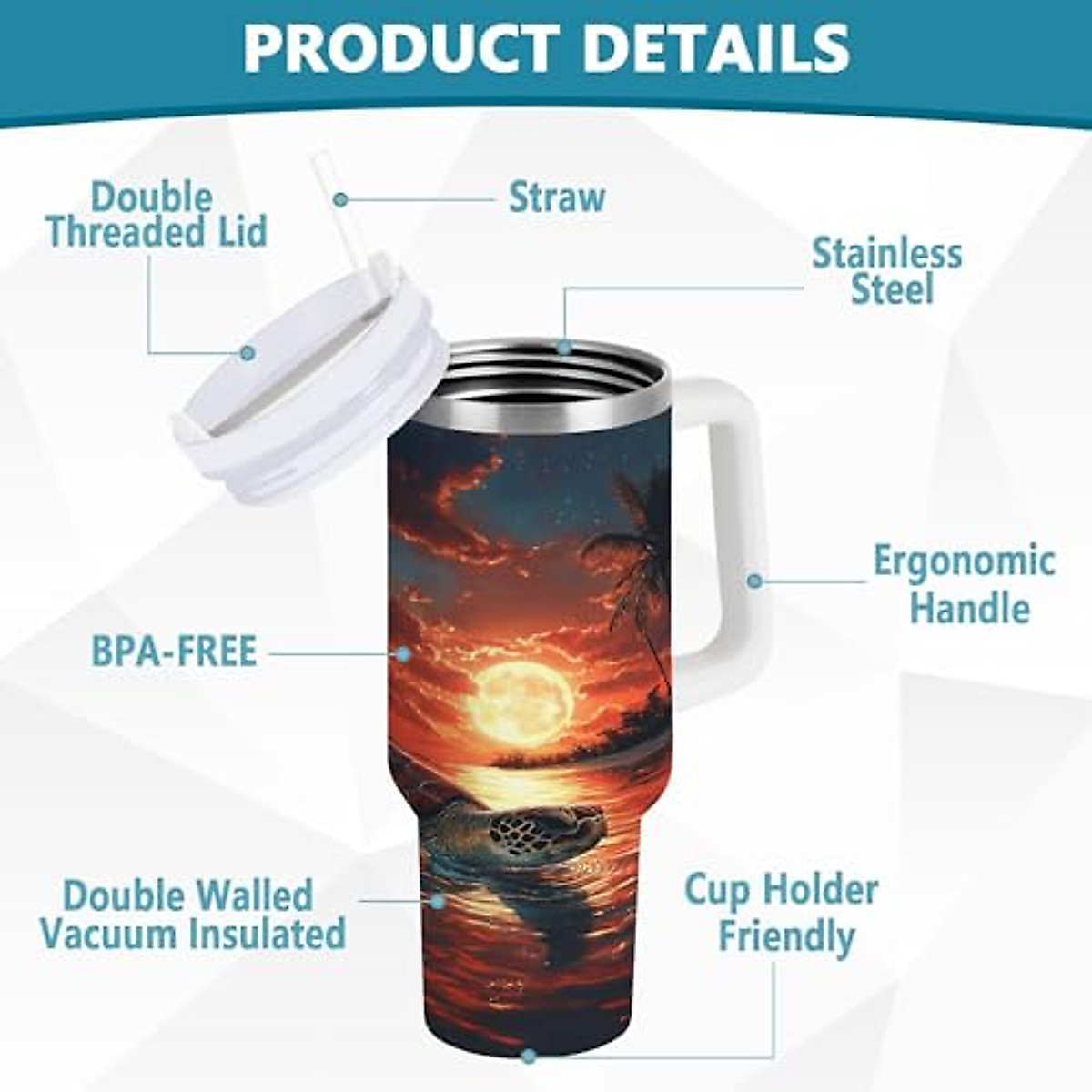 Slewiaeky Tumbler with Handle 40 oz Cool Tortoise Turtle Travel Mug with Lid and Straw Ocean Stainless Steel Vacuum Insulated Water Bottle Cup for Iced Tea Coffee Cold Beverages Cup Holder Friendly