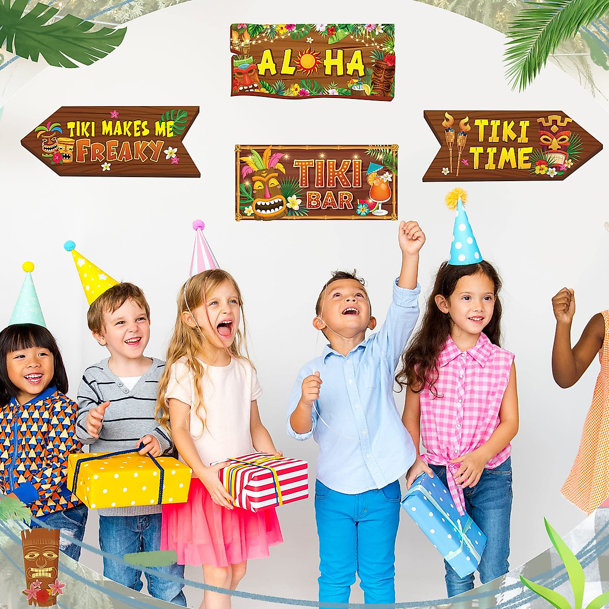 Colarr 20 Pieces Tiki Totem Birthday Party Decorations Hawaiian Luau Party Directional Sign for Aloha Hawaii Luau Tropical Party Supplies, 10 Styles