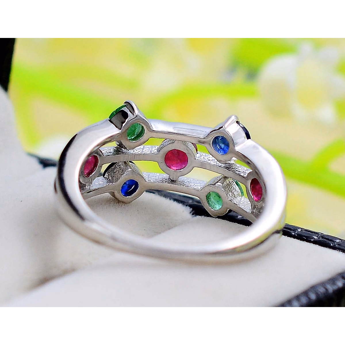 Natural Ruby Emerald Sapphire Mix Gemstone 4 MM Round Cut 925 Sterling Silver Cluster Unisex Proposal Ring For Christmas Gift (Rhodium Plated Silver, 11)