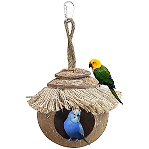 Tfwadmx Coconut Hide with Loop, Natural Coconut Fiber Hanging Birdhouse Cage, Coconut Bird Shell Breeding Nest for Parrot Parakeet Lovebird Finch Canary, Pet Cage Habitats Decor,Small Animals House