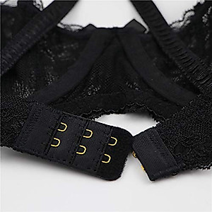 Sexy Code 1701 4 Piece Women Lace Lingerie Set with Garter Belts and Stockings Unlined Balconette Bra with Underwire Black