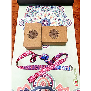 Aozora Cork Yoga Block Sustainable & Eco Friendly 2 Pack and Yoga Strap Set Made of The Finest Natural Cork for Better Support, Balance & Comfort (Mandala, 9 * 6 * 3（2pack))