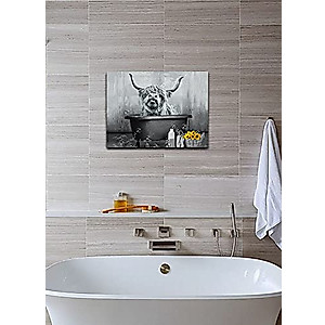 fengyuyi Highland Cow Wall Art Funny Bathroom Decor Cow in Bathtub Picture Animal Black and White Canvas Print Longhorn Farmhouse Wall Decor Stretched and Framed Ready to Hang 12x16inch