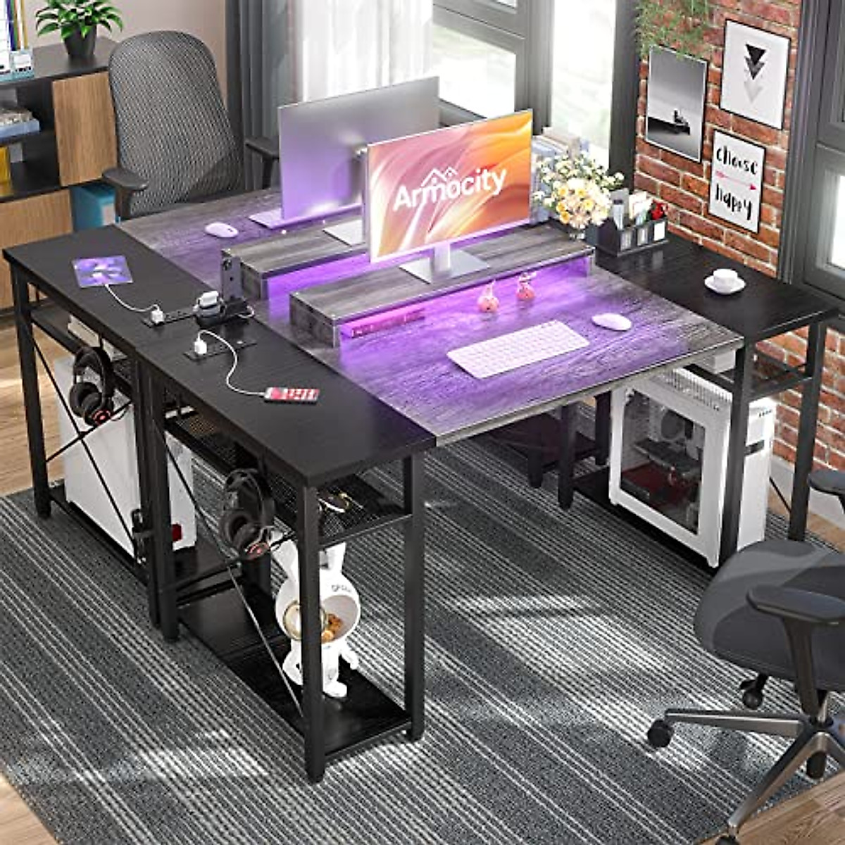 armocity Computer Desk with LED Lights, 48 Inch Desk with Power Outlet and USB, Reversible Large Desk with Moveable Monitor Stand, 48'' Gaming PC Table for Home Office, Workstation, Grey and Black