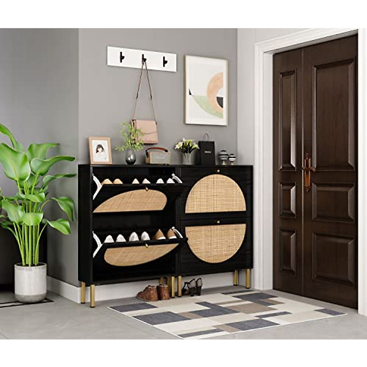 Pvillez Black Rattan Shoe Cabine, Shoe Cabinet with 2 Flip Drawers for Entryway, Modern Freestanding 2-Tier Shoe Rack Storage Cabinet for Entryway, Hallway, Bedroom