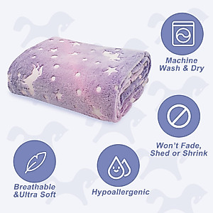Cozwiv Glow in The Dark Blanket for 1-10 Year Old Girl Birthday Gifts Ideas Cool Purple Unicorns Gifts for Age 1 2 3 4 5 6 7 8 9 10 Year Old Girls Surprise Toys for Girls Kids Toddler Blanket 50”X60”