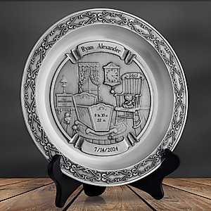 Let's Make Memories Personalized Pewter Baby Plate - Welcome Newborn - Celebrate New Baby - Nursery Decor - Customize Name, Weight, Length, Birthdate, Time of Birth - 9" Dia