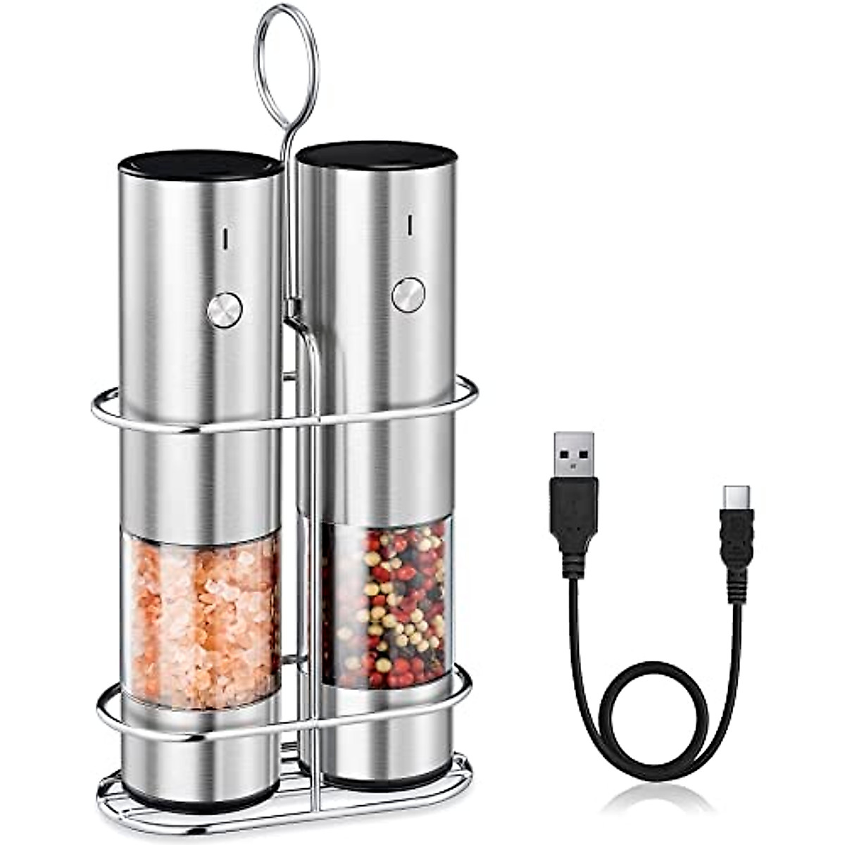 Rechargeable Electric Salt and Pepper Grinder Set with Holder - Nicely Packaged Giftable - No Battery Needed - Automatic Pepper Mill & Adjustable Coarseness & LED Light Refillable - Stainless Steel