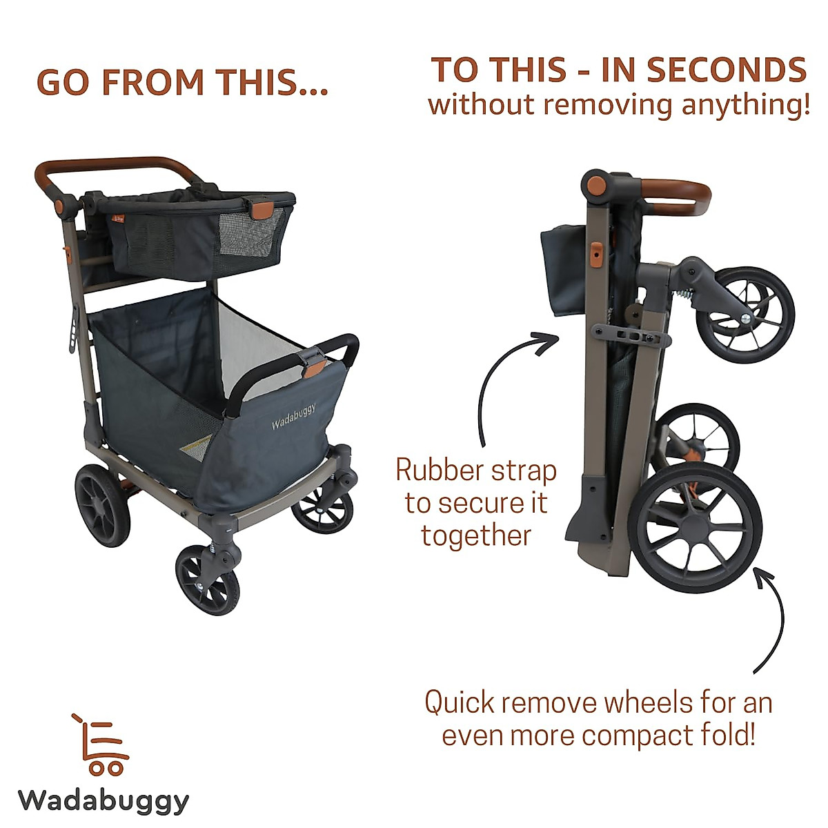 Wadabuggy Heavy Duty Folding Shopping & Utility Cart, Glides Effortlessly - Easy to Maneuver, Lightweight Push & Pull Behind Cart w/3 Storage Baskets