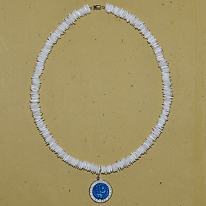 Native Treasure 16" inch Mens and Womens Original St. Christopher Blue and White Medal, White Clam Chips ARK Shell Tropical Jewelry Summer Beach Surfer Necklace From the Philippines