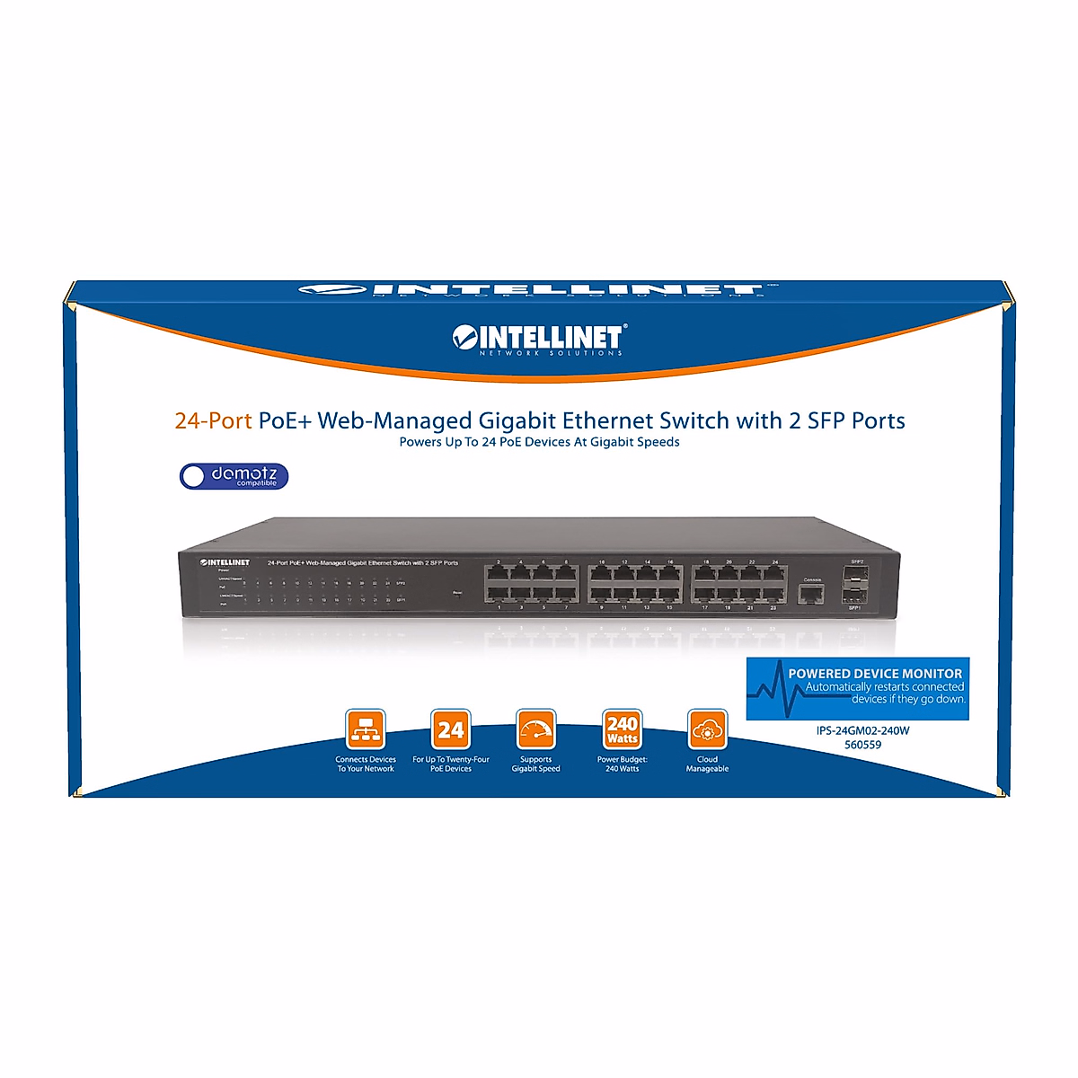 Intellinet 24 Port PoE Web Managed Gigabit Ethernet Switch with 2 SFP Ports - 240W Power Budget, Self Healing Network, SNMP Management, Endspan, 19" Rackmount - 3 Yr Mfg Warranty - 560559