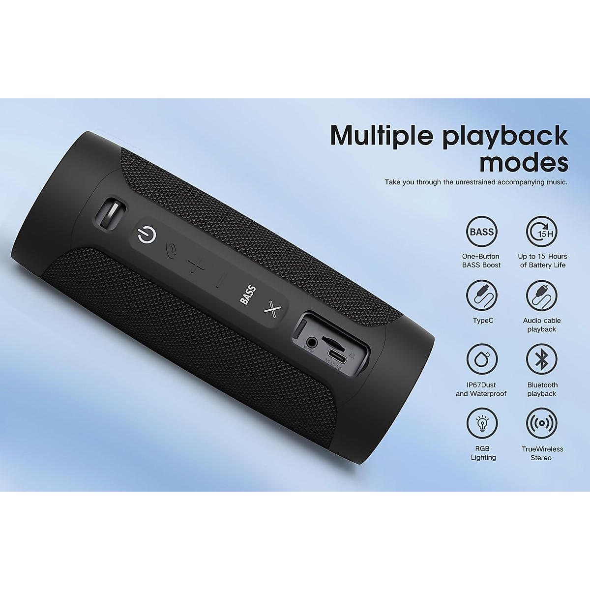 maio Portable Bluetooth Speaker, IP67 Waterproof Portable Wireless Speaker with 30W Loud Stereo Sound, Wireless Stereo Pairing, 15H Playtime, Perfect for Outdoor, Home, Party, and Travel - Black