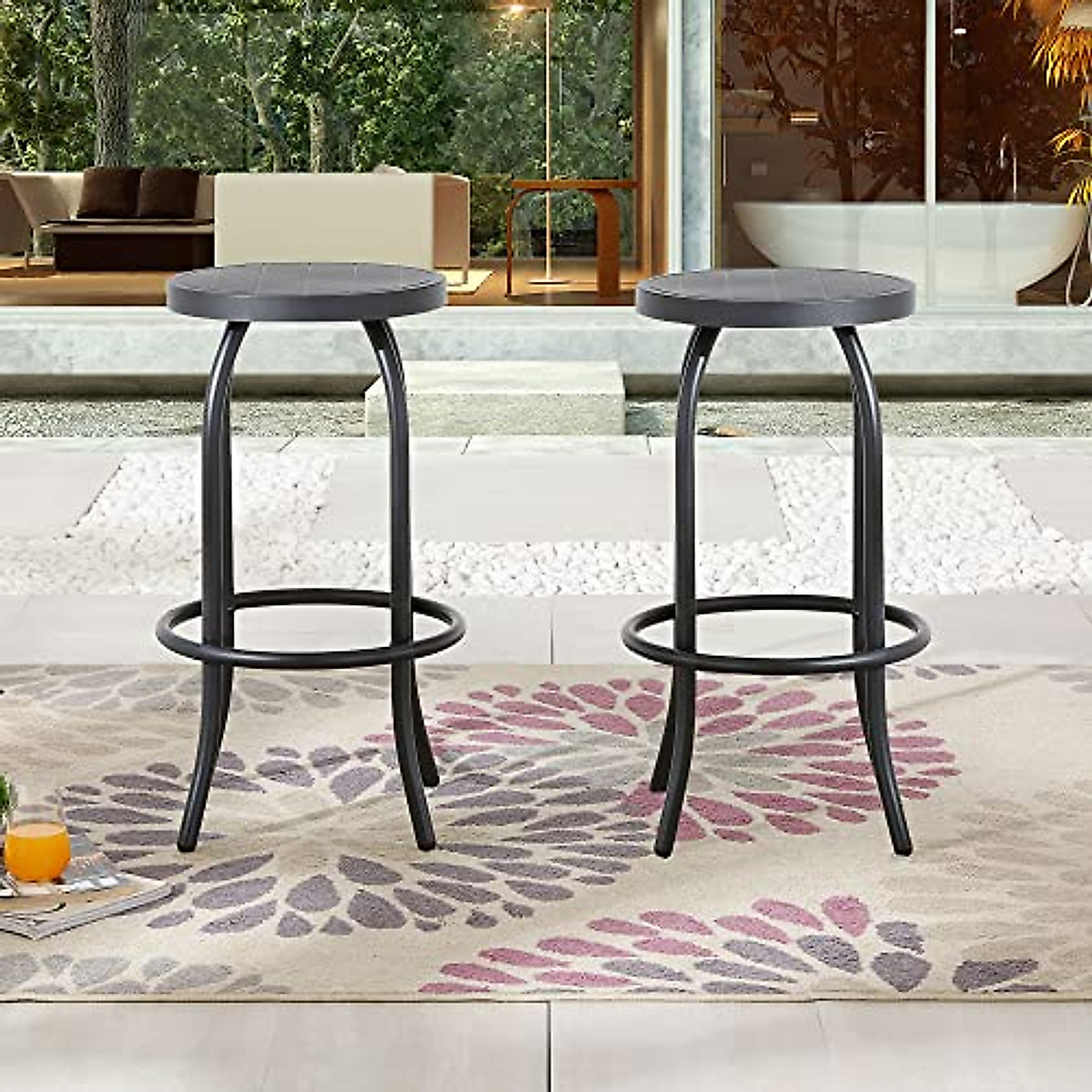 LOKATSE HOME Outdoor Patio Bar Height Stool Bistro Chair Counter Footrest, Set of 2, Black