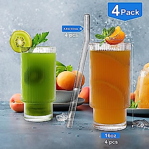 Naeety 16OZ Ribbed Glassware, Ribbed Glass Cups with Straws, Drinking Glasses Set of 4, Vintage Fluted Glassware for Cocktail Whiskey Glasses, Iced Coffee Cup Aesthetic Cup for Gifts