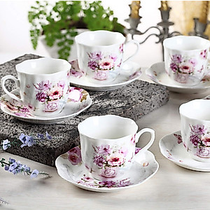 GuangYang China Tea Cups and Saucers Set of 6-7ounce/200ml - Tea Gift Sets for Adults - Purple Floral Porcelain TeaCup with Saucer for Tea Party(Total 12 Pieces)