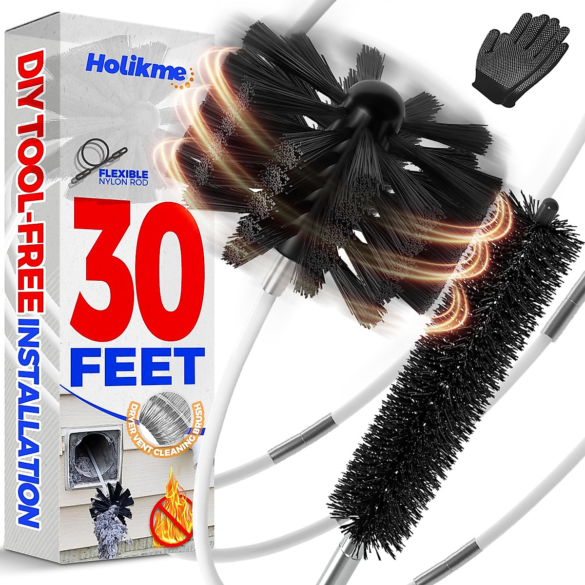 Holikme 30 Feet Dryer Vent Cleaner Kit, Flexible Lint Brush with Drill Attachment, Extends Up to 30 Feet for Easy Cleaning, Synthetic Brush Head, Use with or Without a Power Drill