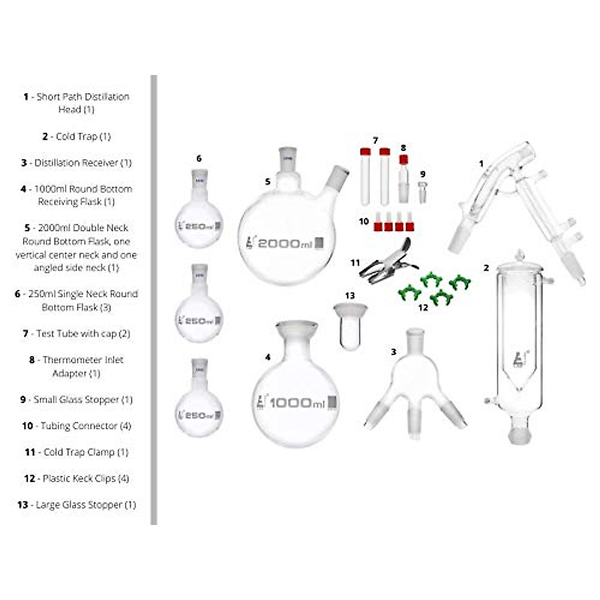 Short Path Distillation Set, 21 Piece - ASTM Type I, Class A - Borosilicate 3.3 Glass - Glassware Only - Eisco Labs