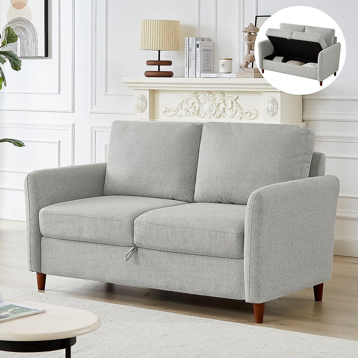 HOLYFIND Modern Loveseat Sofa Couch with Storage,Upholstered Small Couch,Mini Couch Furniture for Bedroom, Apartment, Office and Small Spaces(Light Gray, 56.5''-2seat)