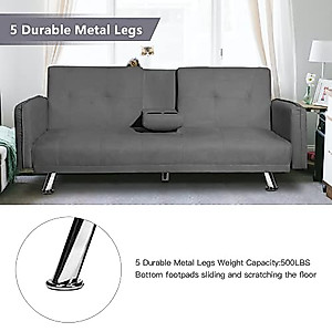 AWQM Futon Sofa Bed Upholstered Modern Convertible Sofa Couch Sleeper, Metal Leg and 2 Cup Holders, Memory Foam Cushion Living Room Furniture Home Recliner, Dark Grey