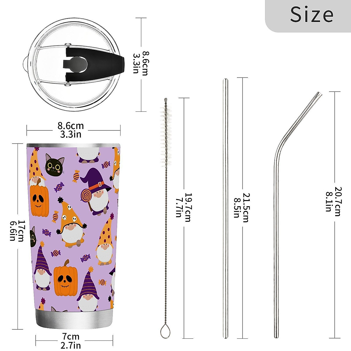 Jihqo Halloween Cute Gnomes Tumbler with Lid and Straw, Insulated Stainless Steel Tumbler Cup, Double Walled Travel Coffee Mug Thermal Vacuum Cups for Hot & Cold Drinks 20oz