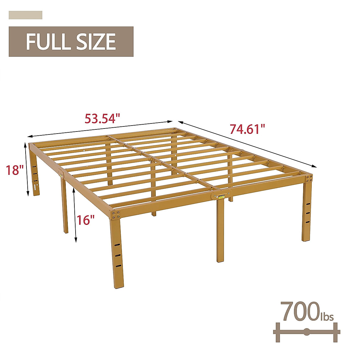 WJORATA 18 Inch Full Bed Frame Metal Platform No Box Spring Needed Noise-Free Easy Assembly Gold