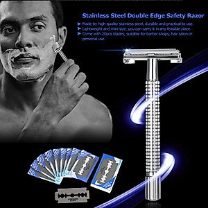 Safety Razor Metal Double-edged Shaving Razor Manual Mustache Removal Traditional Shaving Tool with 20Pcs Razor Blades for Hotel Home Travel (Silver)