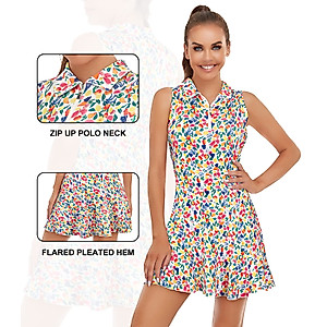 Misyula Tennis Dresses for Women,Athletic Dress with Shorts 2Pockets Zip Up Polo Sleeveless Golf Workout Dress Multi-Fruit Small