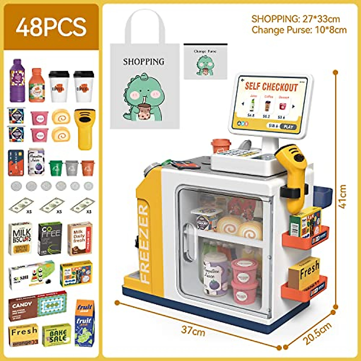 Cash Register Playset for Kids - 48PCS Pretend Play Money, Calculator, Scanner, Credit Card and Play Food for Boys and Girls Ages 3+ (668-125)
