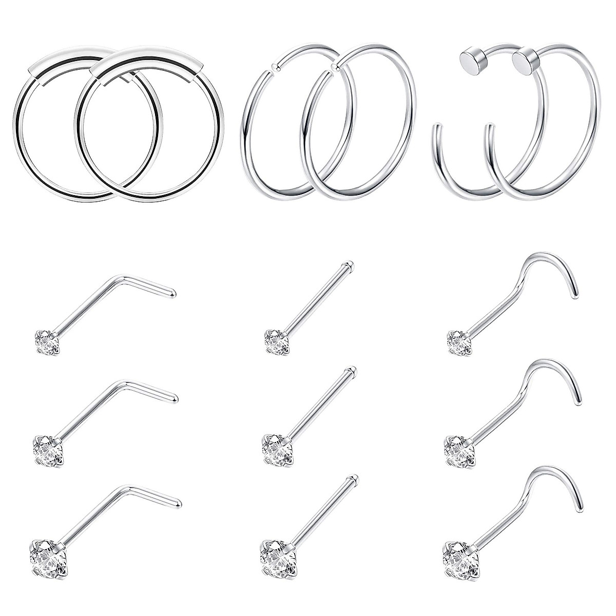 FINREZIO 15PCS 22G 20G 18G Surgical Steel Nose Rings Hoop Studs Cartilage Earrings Body Piercing Jewelry 1.5mm 2mm 2.5mm CZ (A:22G,8MM Silver Nose Ring)