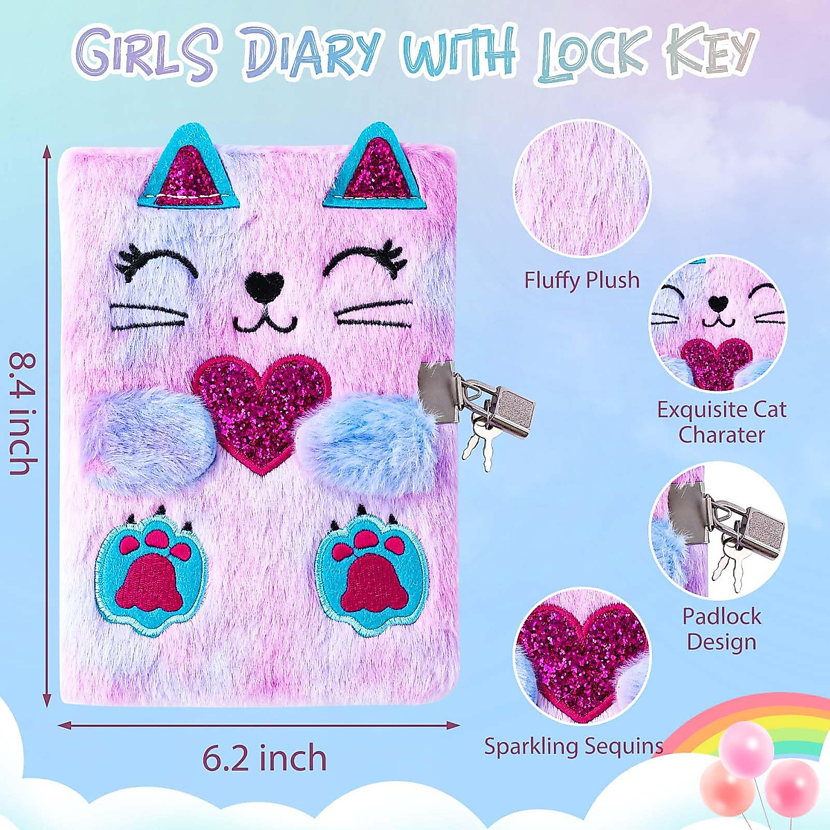 Cat Diary with Lock Gift for 6 7 8 Year Old Girl,Secret Journal Notebook Diary for Girls,Kids Journals for Girls Christmas Gift Set,Secret Diary with Pen Pouch Panda Keychain Cat Paw Pen.