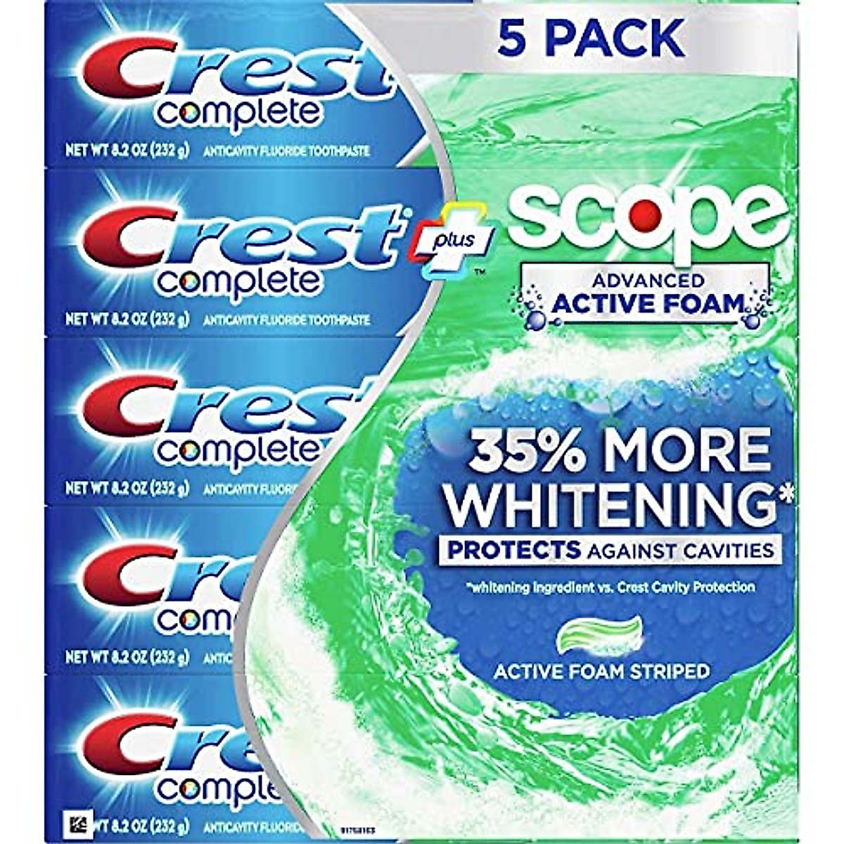 Crest Complete Toothpaste Plus Scope Advanced Active Foam, Striped, 8.2 Ounce (Pack of 5)