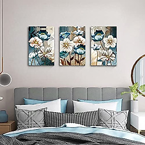 SERIMINO 3 Piece Lotus Flower Canvas Wall Art for Living Room White and Indigo Blue Floral Picture Wall Decor for Dining Room Bedroom Bathroom Kitchen Print Painting for Home Decorations