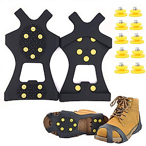 Fiersh Ice Cleats - Snow Grippers Crampons Anti-Slip Traction Cleats Ice & Snow Grips for Shoes and Boots - 10 Steel Studs Slip-on Stretch Footwear for Women Men Kids (Extra 10 Studs)