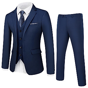 Tuxedo for Men 3 Piece Suit Men Slim Fit Mens Tuxedo Suit Set Formal Wedding Suit for Men Two Button Blazer Jacket Vest & Trousers Tux for Casual Navy Blue 3XL
