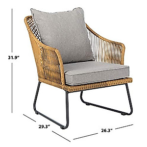 SAFAVIEH Outdoor Collection Jensen Natural Brown Rattan/Grey Seat Cushion 3-Piece Patio Lounge Bistro Set with Table (PAT9008A)