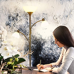 Brightech Sky Dome Double LED Floor lamp, Torchiere Super Bright Floor Lamp with 2 Reading Lamps for Living Rooms & Offices - Dimmable Tall Standing Lamp for Bedroom Reading - Tall Brass Pole