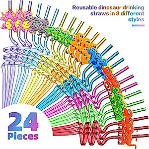 24 Pieces Reusable Dinosaur Straws Plastic Dinosaur Straws for Kids Safari Jungle Dinosaur Theme Straws for Dinosaur Party Decoration Supplies Birthday Party Favors, 8 Styles