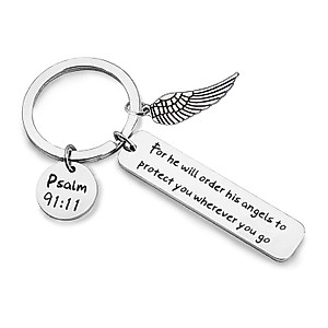 CHOORO Bible Verse Keychain for He Will Order His Angels to Protect You Wherever You Go Religious Jewelry Christian Gift (Keychain)