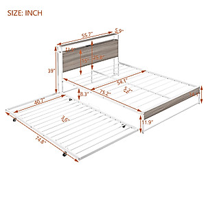 Harper & Bright Designs Full Platform Bed with Trundle and USB Ports, Metal Full Bed Frame with Storage Headboard and Steel Slat Support, for Bedroom and Guest Room (Full Size, White)