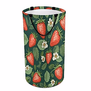 Laundry Basket Hamper Waterproof Dirty Clothes Hamper Fresh Strawberries And Leaves Collapsible Washing Bin Clothes Bag with Handles Freestanding Laundry Hamper for Bathroom Bedroom Dorm Travel