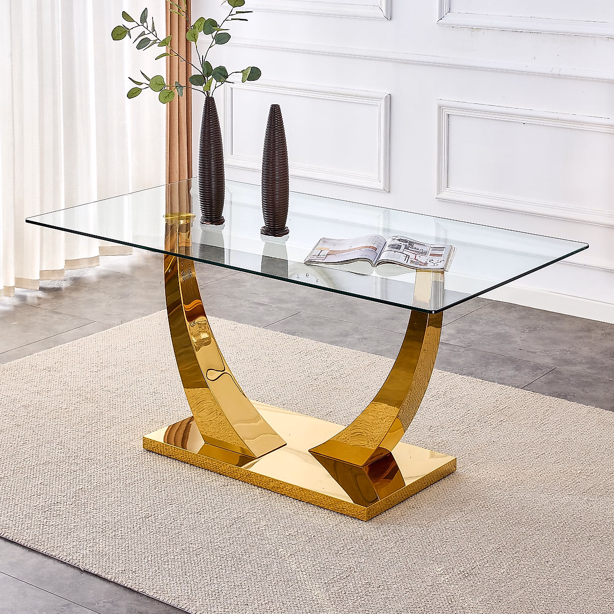 63" Glass Dining Table for 4 to 6 People, Modern Minimalist Kitchen Table with Tempered Glass Tabletop and Gold Metal Base, Large Rectangle Dining Room Table for Kitchen Dining Room