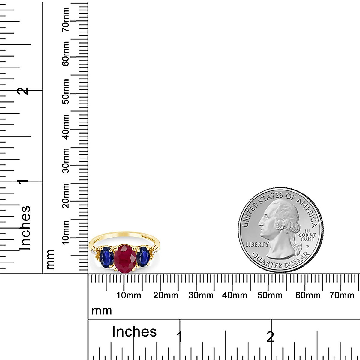Gem Stone King 10K Yellow Gold Oval Red Ruby and Blue Sapphire Women 3 Stone Engagement Ring (5.29 Cttw, Gemstone Birthstone) (Size 8)