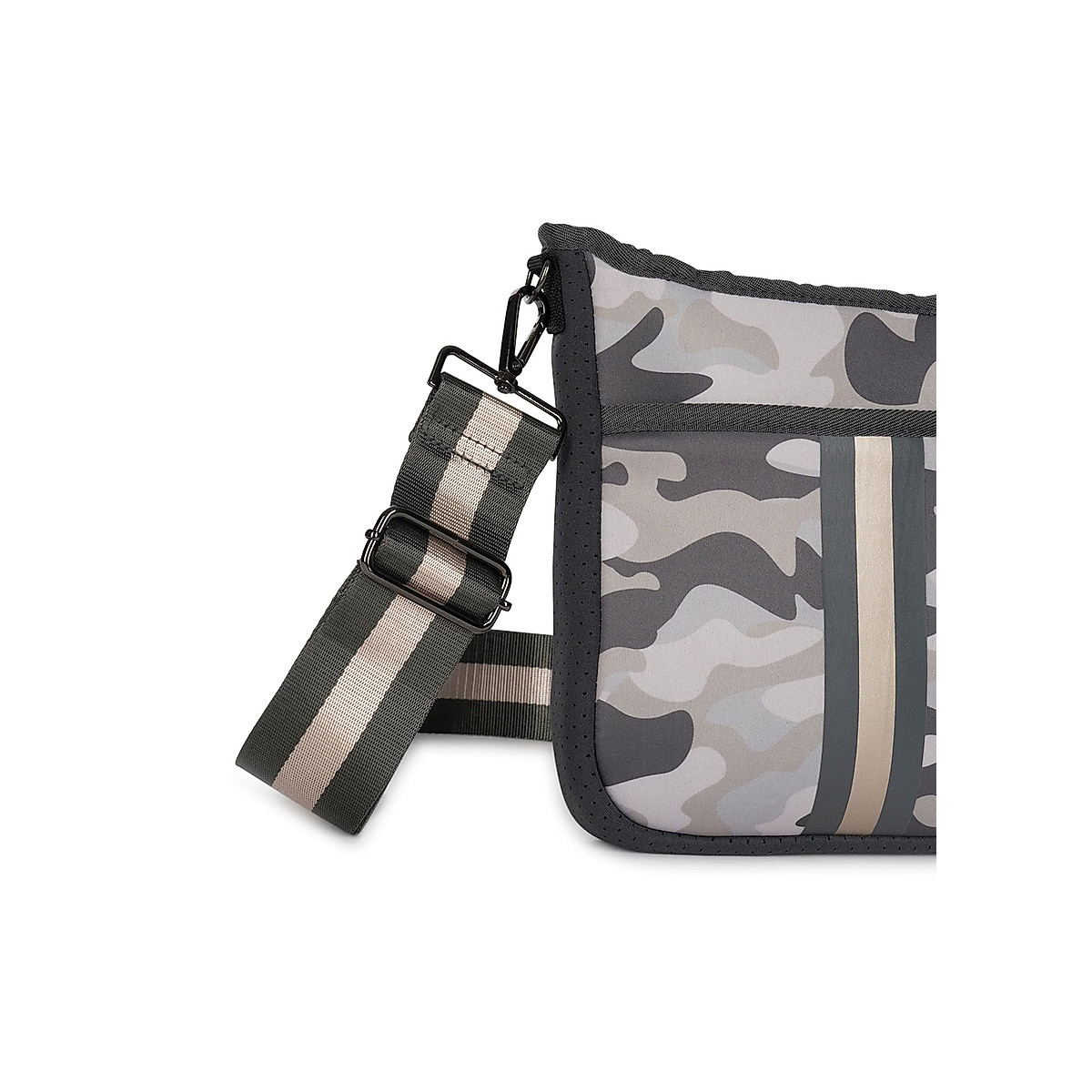 Haute Shore - Jeri Safari Crossbody Tote, Green Camo W/Black & Gold Stripe