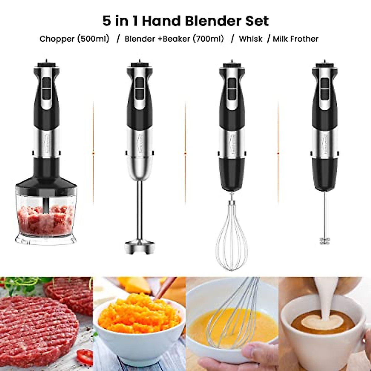 healthomse 5-In-1 Immersion Blender 800W 12-Speed Stainless Steel Hand Blender with Milk Frother, Egg Whisk, BPA-Free 500ml Chopper and 700ml Beaker with Lid for Soup, Smoothie, Baby Food